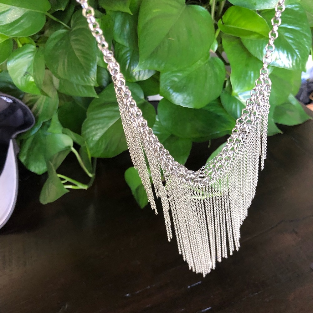 Silver Chain Waterfall Statement Necklace - Gem